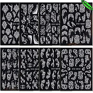 Flower Nail Art Stickers Decals, 8 Sheets 5D Engraved Flower Nail Decals White Wedding Nail Art Accessories French Tips Nail Designs Self Adhesive Lace Flower Carving Nail Stickers for Women Girls