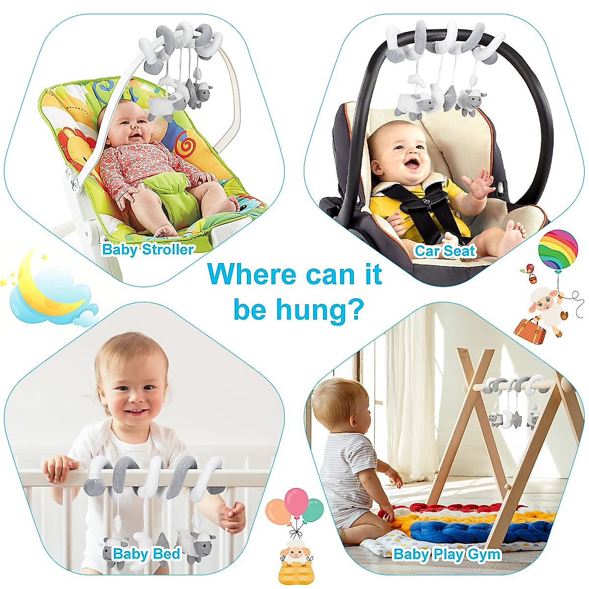 Promise Babe Hanging Car Seat Toys, Infant Stroller Toys for Car Seat Stroller Mobile Crib Bar with Bell, Baby Activity Spiral Plush Toys Best Gift for Boys and Girls, Spiral Activity Toy