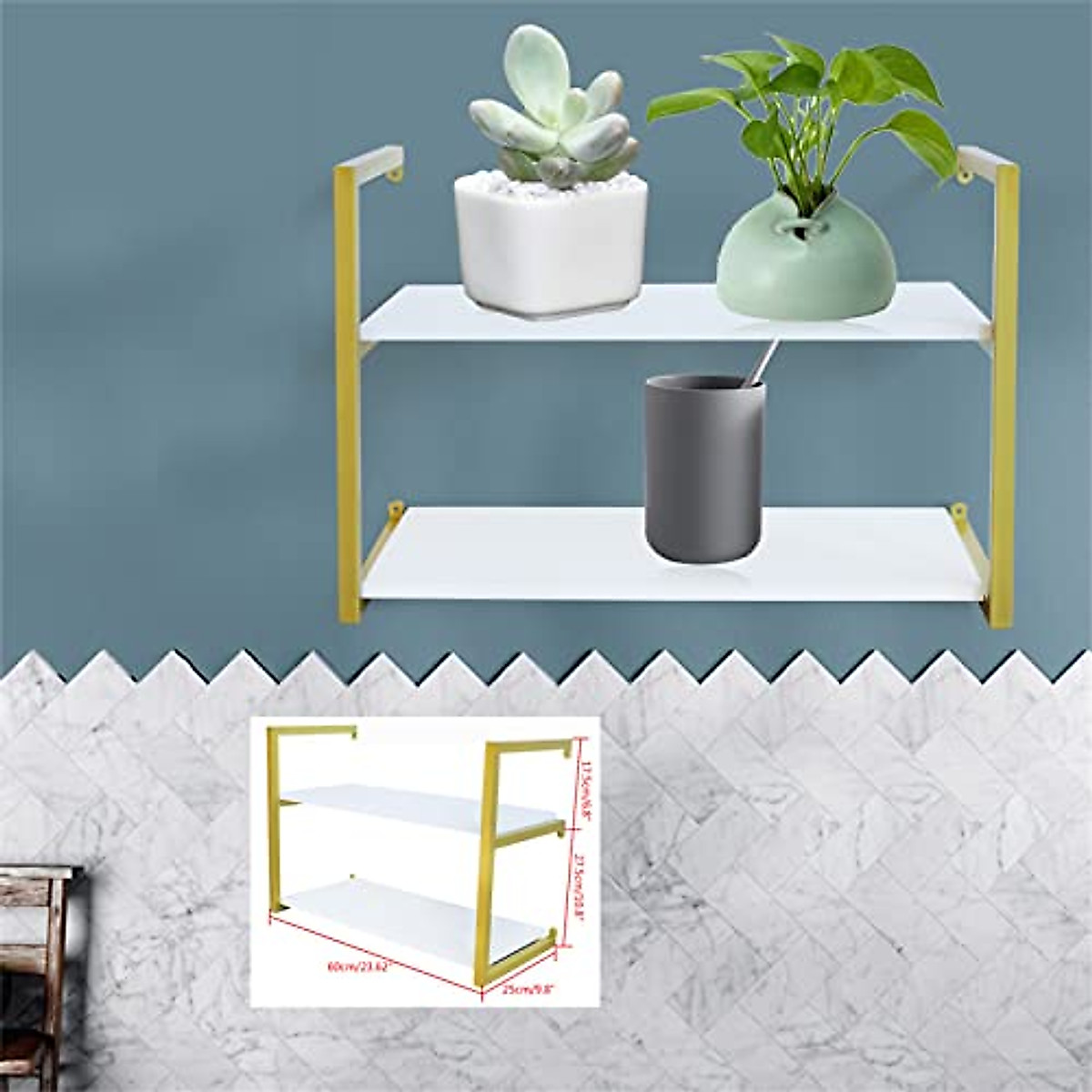 Gdrasuya10 Floating Shelves Wall Mounted, Modern Wood Storage Shelf, with Golden Metal Brackets Decor Wall Shelving for Bedroom, Bathroom, Bathroom, Kitchen, Living Room (2 Tier, 24“)