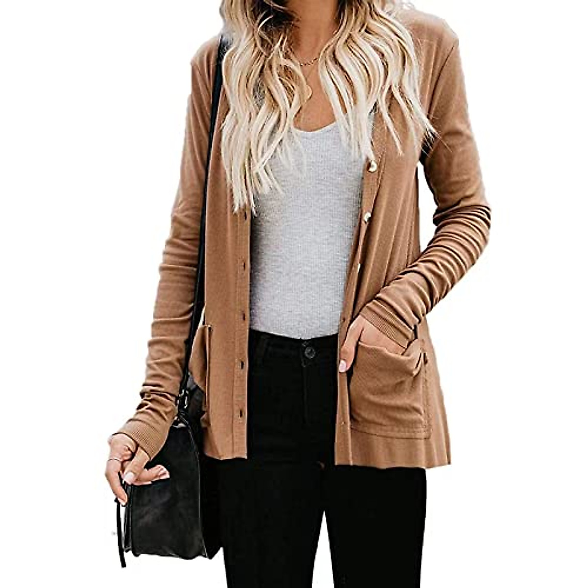 Long and Long Sleeve Cardigan for Women Fall Open Front Button Cardigan with Pockets Casual Knit Cardigan