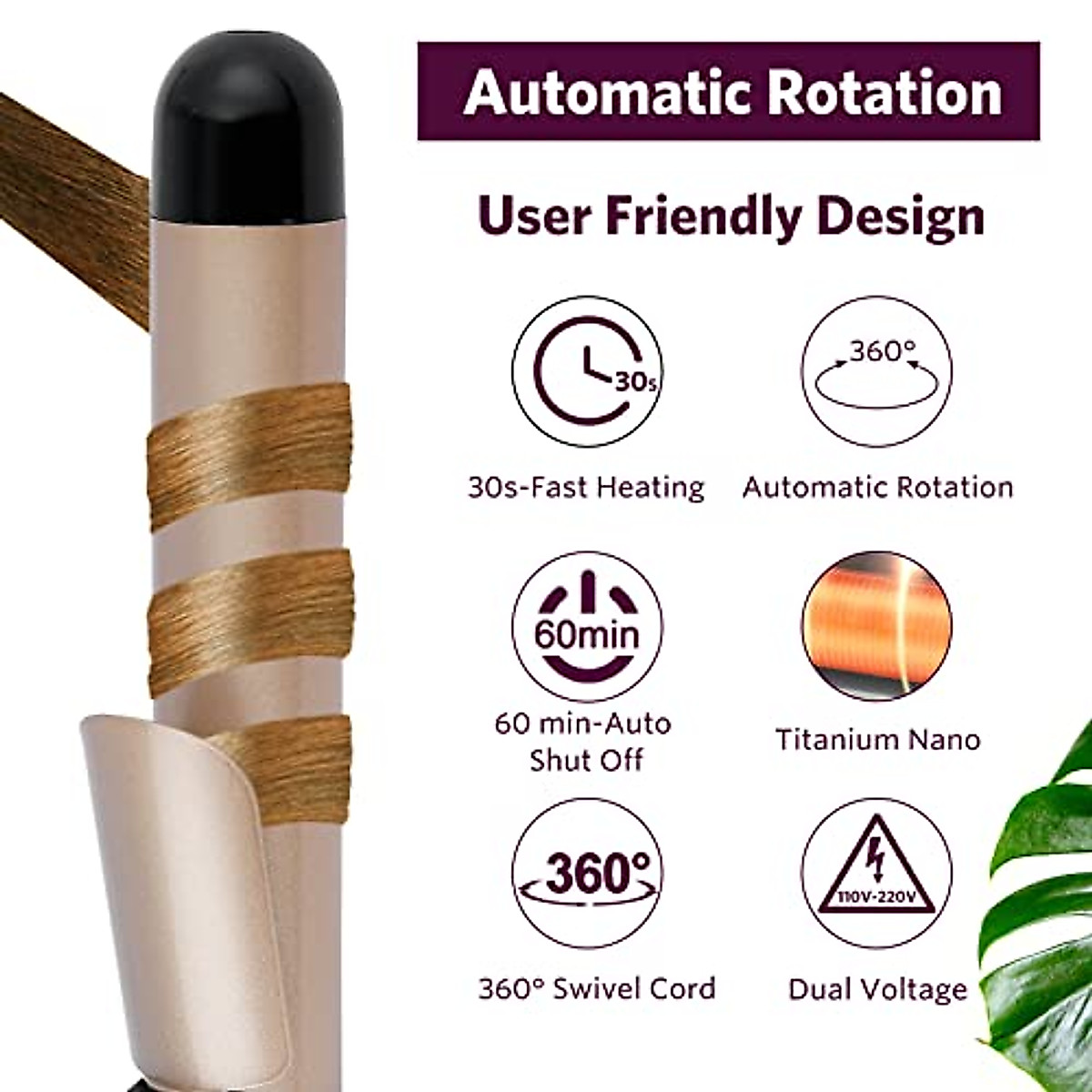 Automatic Hair Curler Automatic Rotating Hair Curling Wands Auto Curling Irons Automatic Hair Curler 28mm 1.1inch Curl Hair Waving Irons Hair Styling Irons Hair Waver 30s Instant Heat Wand 110-240v