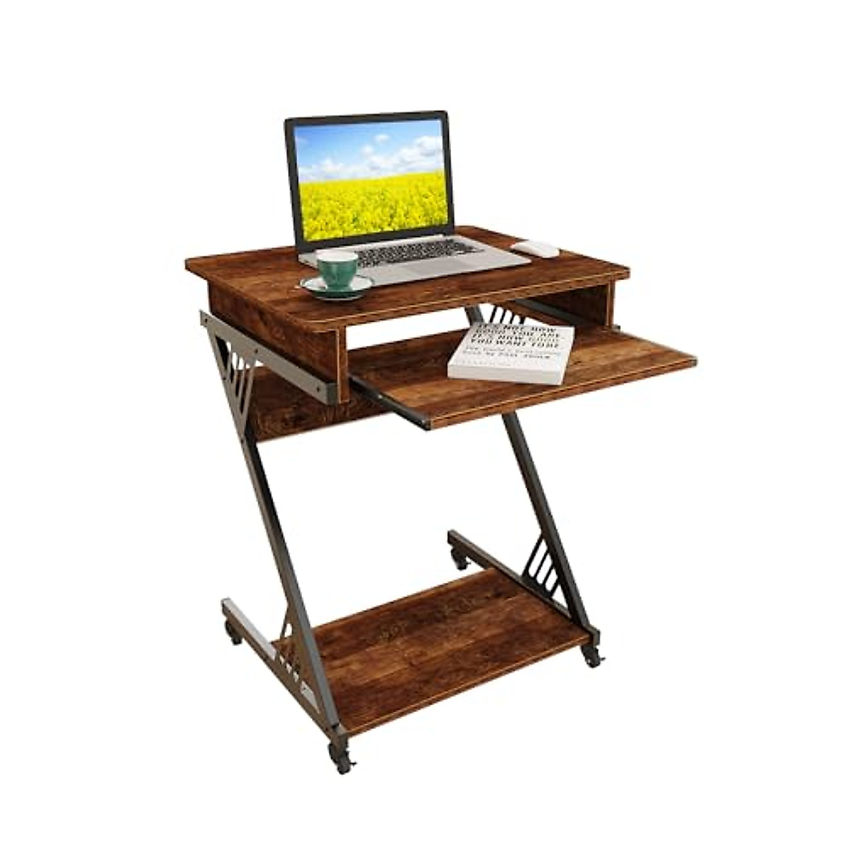 ALISENED Computer Desk for Small Spaces,23.6" Z-Shaped Compact Study Table with Smooth Keyboard Tray,with Wheels and Bottom Shelves for Home Office，Computer Cart Mobile Laptop Cart