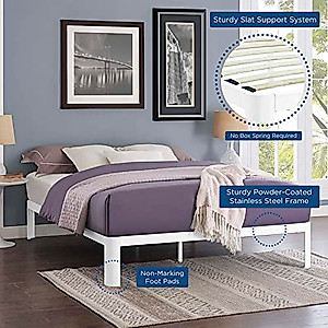 Modway Corinne Steel Modern Mattress Foundation Full Bed Frame with Wood Slat Support in White