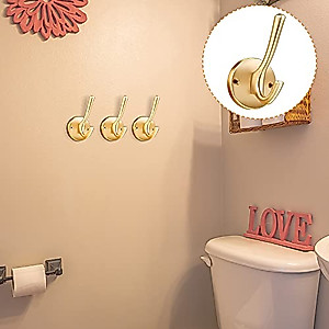 Coat Hooks Bathroom Towel Hooks Rustproof Metal Hooks Heavy Duty Double Robe Hook Clothing Hat Key Hook Toilet Kitchen Wall Mounted Hanger (Gold,6 Pieces)