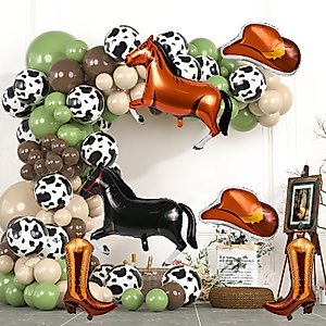 152pcs Cowboy Balloons Garland Arch Kit,Sage Green Brown Cow Print Balloons,Cowgirl boot and Hats Horse Foil Balloons for Country Western Wild West Party Decorations Adults