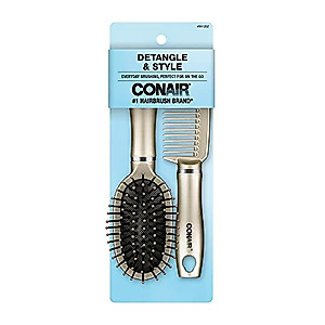Conair Detangle & Style Wide-Tooth Comb and Travel Hairbrush Set, Detangler Brush and Comb Set, 2 Count, Color May Vary