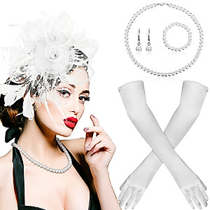 Yaomiao 5 Pcs 1920s Fascinators Feather Headband Pearl Jewelry Gloves for Women Tea Party Halloween Church Derby(White)