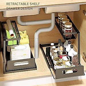 Miskall Under Sink Organizer L Shape 2 Tier Slide Out Sink Shelf for Under Kitchen Bathroom Sink Organizers and Storage Cabinet Organizer Black