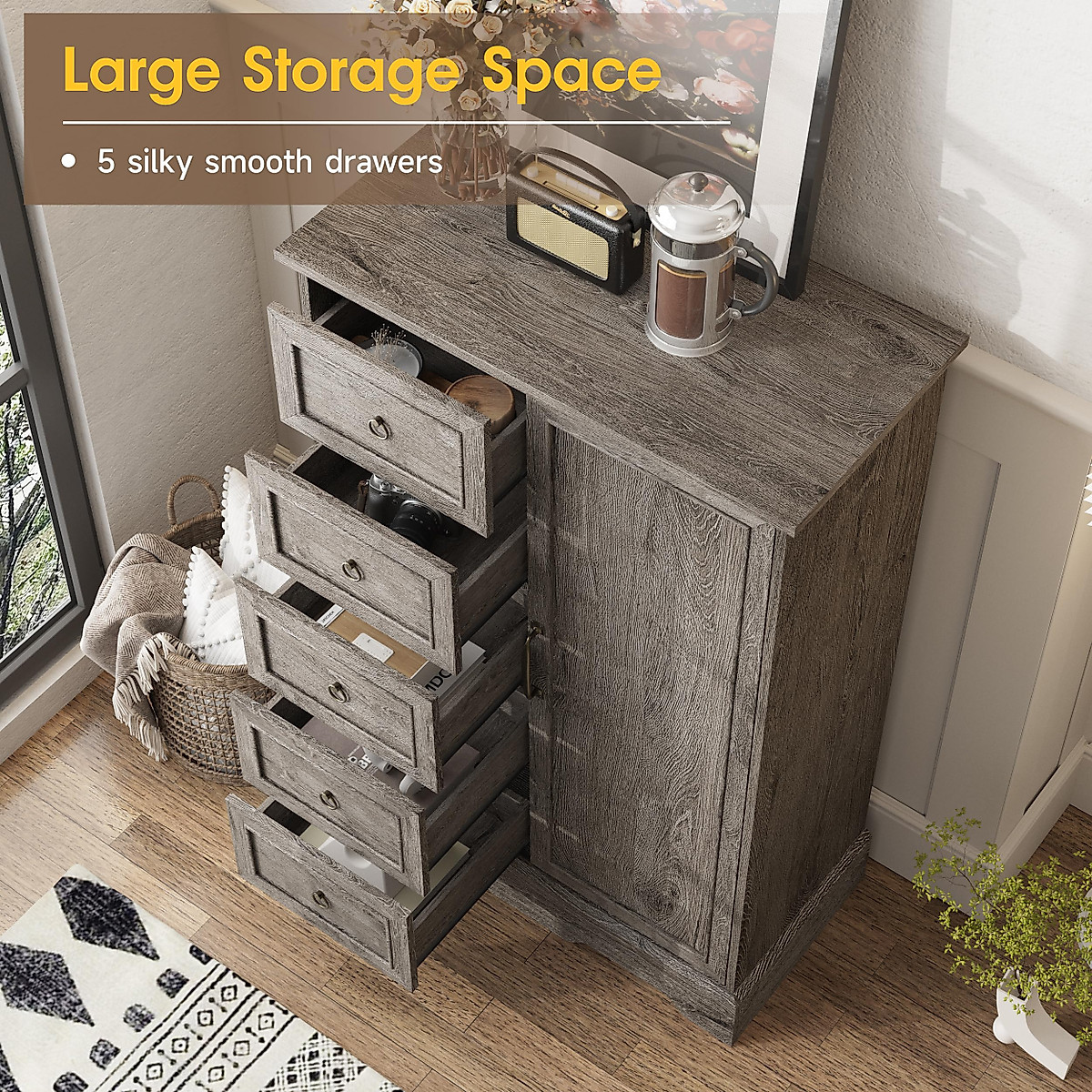 Vabches Farmhouse Dresser Storage Cabinet Chest of Drawer for Bedroom, 5 Drawer Dresser with Sliding Barn Door, 48" Tall Wood Rustic Dresser for Bedroom, Living Room, Entryway, Hallway, Washed Grey