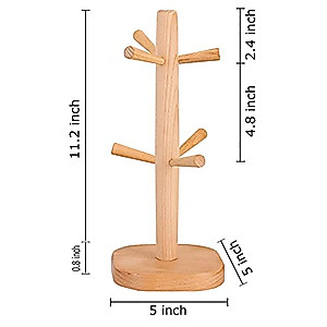 GOJAKO 12" Wooden Mug Holder Tree with 6 Hooks Wood Cup Rack Tea Coffee Bar Organizer Accessories Mug Hanger Stands for Kitchen Counter and Display Dinnerware Storage and Dry (Square Bottom)