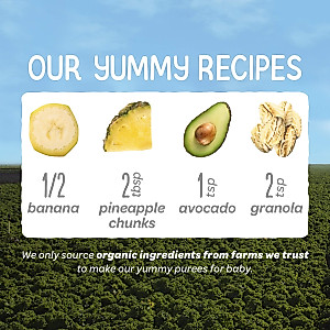 Happy Baby Organics Stage 2 Baby Food Pouches, Gluten Free, Vegan & Healthy Snack, Clearly Crafted Fruit & Veggie Puree, Bananas, Pineapples, Avocado & Granola, 4 Ounces (Pack of 16)