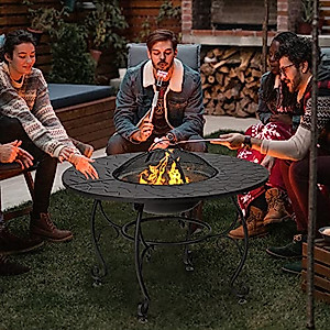 Giantex Fire Pit Table 4-in-1 Outdoor Dining Table, 36 Inch Multifunctional Metal Round Patio Table, Wood Burning Fire Pits with Cover, Grill Grate, Poker for Garden, Poolside, Backyard Fireplace