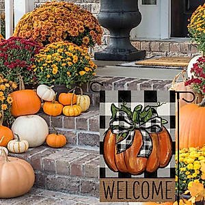 CROWNED BEAUTY Fall Pumpkin Garden Flag 12x18 Inch Double Sided for Outside Thanksgiving Burlap Buffalo Plaid Welcome Small Seasonal Yard Decoration (Orange)