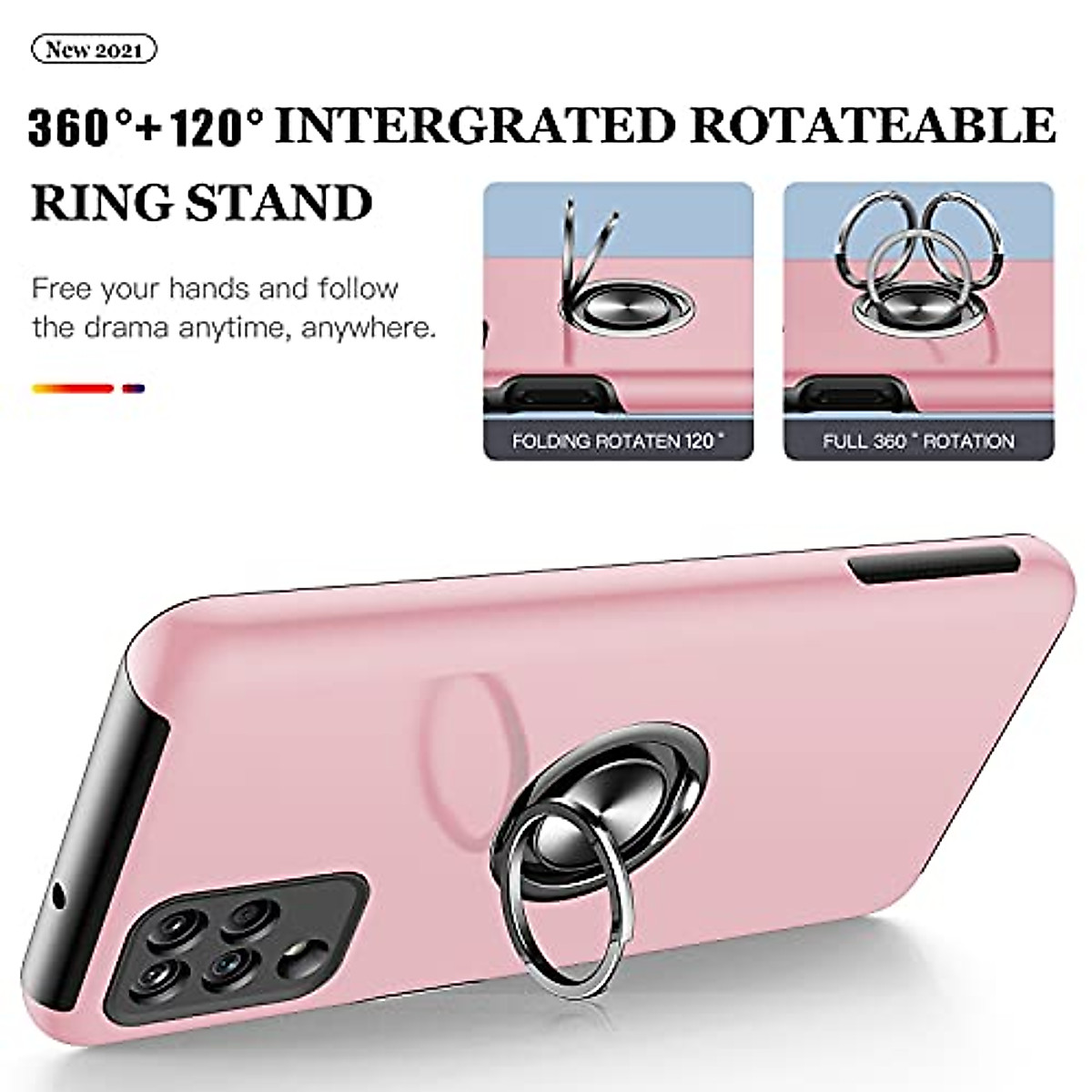 JAME for Samsung Galaxy A12 Case with [2 Pack] Tempered-Glass Screen Protector, Slim Soft Bumper Protective Case for Samsung A12 Case, with Invisible Ring Holder Kickstand for Galaxy A12 Case, Pink