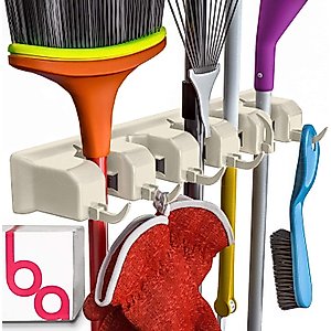 Broom Holder Wall Mount and Garden Tool Organizer, Closet Storage, Kitchen Rack, Home Organization and Garage Organizer for Rake or Mop Handles Up to 1.25-Inches, Hanger Plus 6 Hooks (BEIGE, 1 PACK)