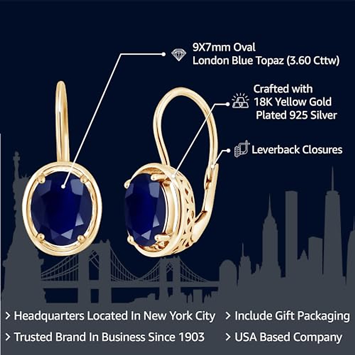 Gem Stone King 18K Yellow Gold Plated Silver Blue Sapphire Earrings | Oval 9X7MM Dangle Earrings for Women | 5.00 Cttw | Gold Earrings for Women