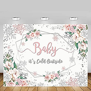 MEHOFOND Baby It's Cold Outside Backdrop Sliver Snowflake Girl Baby Shower Party Decorations Winter Wonderland Photography Background Snowfall Banner Blush Pink Floral Studio Props 7x5ft