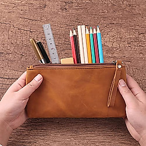 AZXCG Leather Pencil Case, Vintage Leather Pencil Pouch with Zipper, Handmade Pen Case, Pouch Stationery Bag, Makeup Pouch Bag for Adults/Girls/Teens/Students Art School and Office Supplie, Brown