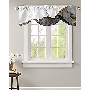 Tie Up Curtain Valance for Kitchen,Marble Black Gray White Color Contrast Gold Edge Window Valances Adjustable Tie-up Shade Valance,Modern Abstract Rod Pocket Short Curtains for Bathroom 42x12in
