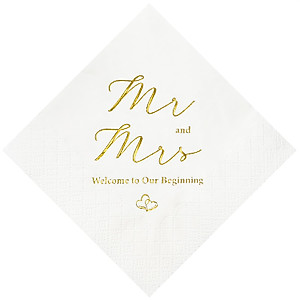 Crisky Gold Foil Mr and Mrs Wedding Cocktail Napkins 100 Counts for Wedding Party Reception Dessert Cake Table Decorations Welcome to Our Beginning Disposable Napkins, 3-Ply,