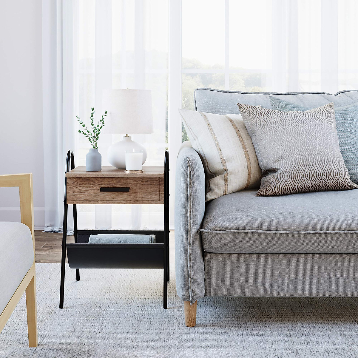 Nathan James Hugo Wood Nightstand, Rustic Accent End or Side Table with Drawer, Durable Black Metal Frame & Leather Hammock, Brown