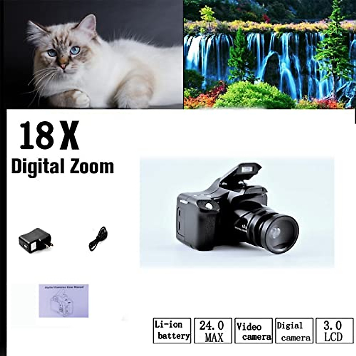 Digital Camera for Photography, Point and Shoot Camera Vlogging Camera, 2.4k Ultra HD Mini Digital Camera for Kids with 3" LCD 18x Digital Zoom, for Teens, Adult, Beginners (Black)