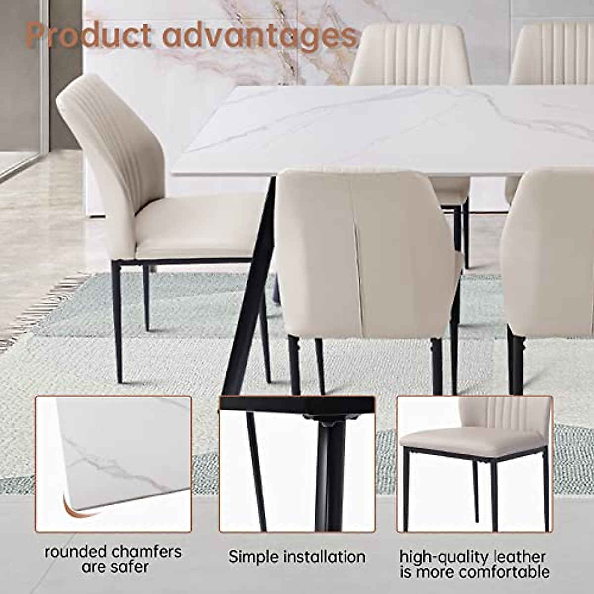 Zerifevni Dining Table Set for 6, Modern White Dining Table Sintered Stone Rectangula Table & 6 Dining Chairs (1 Table 6 Beige Chairs)