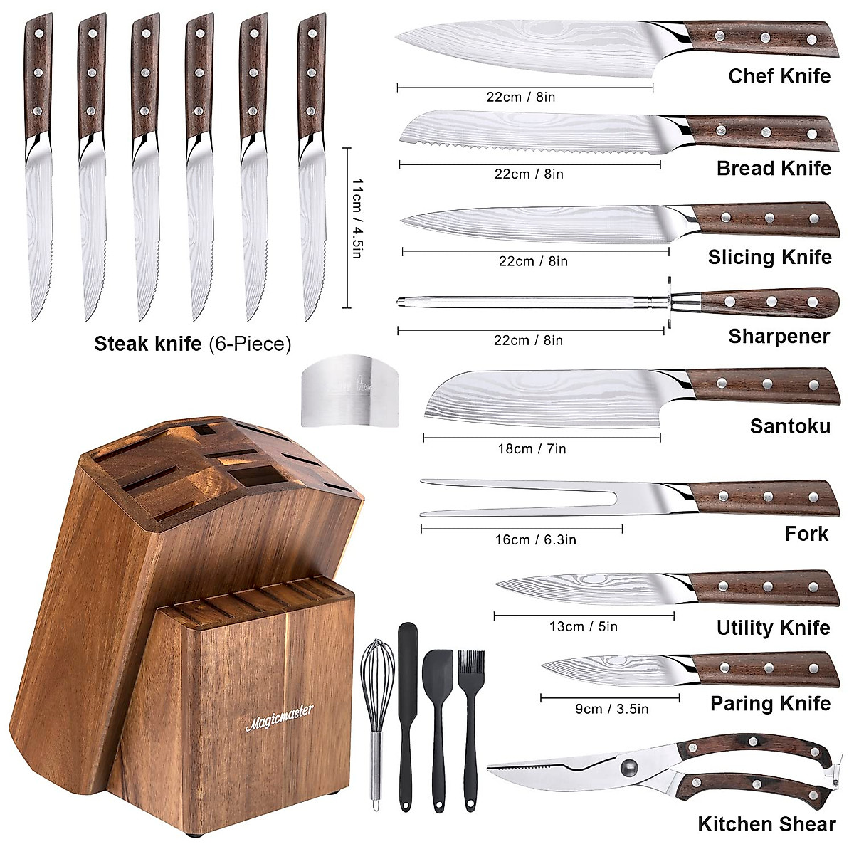 21 Packs Knife Set with Block, 2023 Kitchen Knife Set Sharpener Rod & Finger Guard, Germany High Carbon Stainless Steel Chef Knife Block Set, Ultra Sharp Forged, Brown