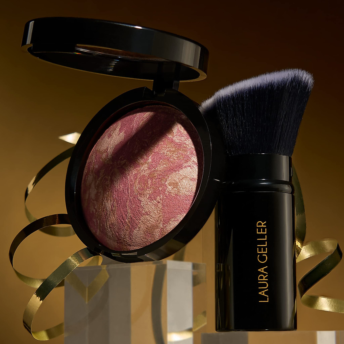 LAURA GELLER NEW YORK Baked Blush-n-Bronze 2-in-1 Bronzer Blush, Apricot Bronze - Retractable Angled Kabuki Brush