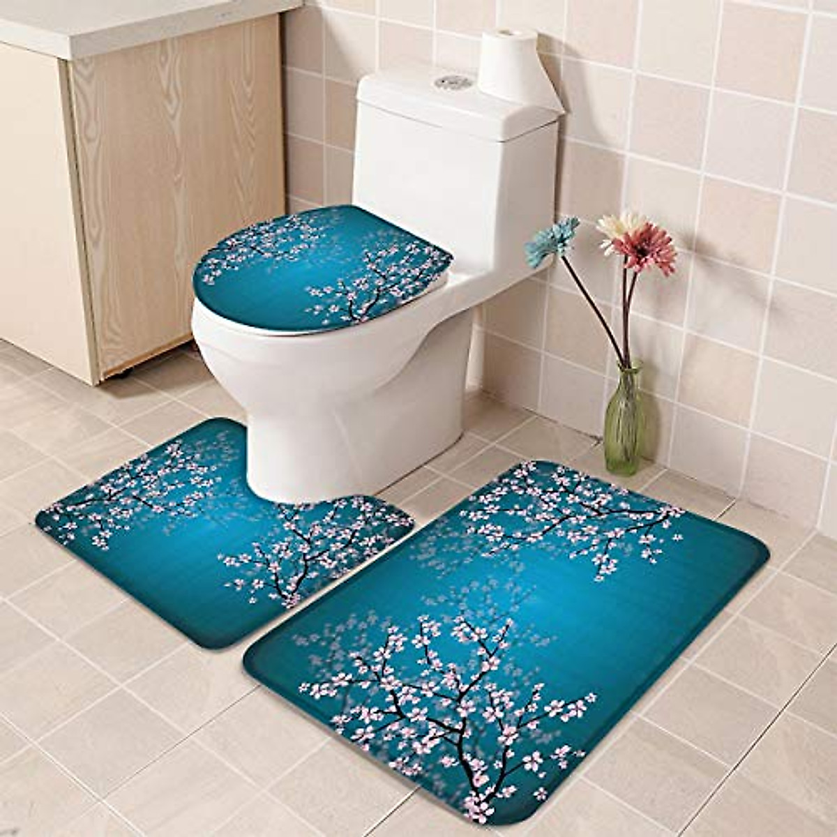 3 Piece Bath Rugs Sets, Elegant Cherry Blossoms Non Slip Bathroom Carpet Blue Water Absorbent U-Shaped Toilet Mat, Toilet Lid Cover