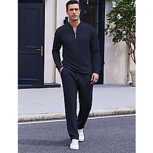 COOFANDY Men's Tracksuit 2 Piece Set Quarter Zip Polo Sweatsuit Athletic Long Sleeve Casual Sports Outfits Running Blue