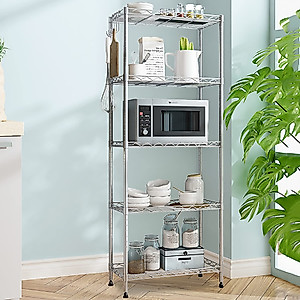 OMKUOSYA 5 Tier Storage Racks and Shelving - Heavy Duty Steel Pantry Shelves - Each Unit Loads 120 Pounds Wire Rack Shelf, Suitable for Kitchen, Bathroom, Closet, Warehouse - Silver