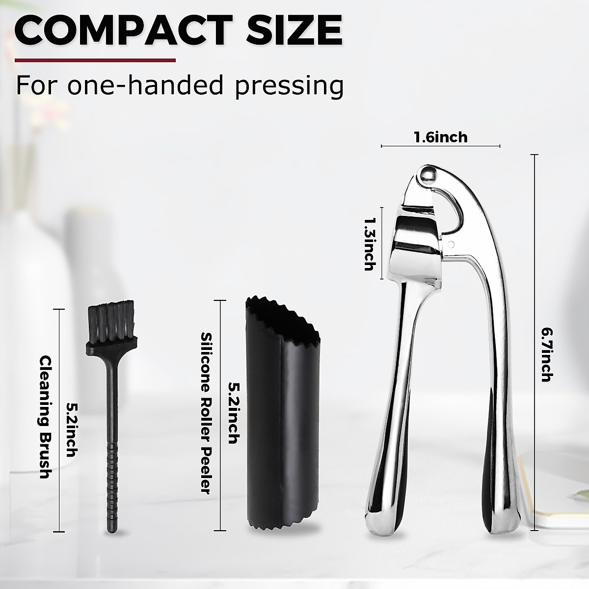 Premium Garlic Press, Garlic Mincer Set of 3 with Silicone Roller Peeler & Cleaning Brush - Gloss Silver