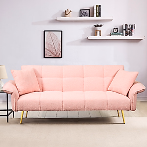 OUYESSIR Teddy Futon Sofa Bed with 2 Pillows, Small Couch, Convertible Futon Sleeper Sofa with Folding Armrests, 70" Modern Loveseat Couch for Bedroom, Living Room (Pink)