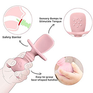 Baby Fork and Spoon Set, Silicone Self Feeding Utensil Easy Grip Toddler Cutlery Kit with Carry Case BPA-Free Anti-Choke for Infant Toddler Children First Led Training Weaning, 6-12 Month (Pink)