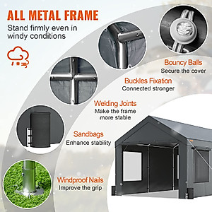 VEVOR Carport 10'x20' Heavy Duty Steel Car Canopy, Portable Garage with 4 Sand Bags, Roll-up Ventilated Windows & Removable Sidewall, All-Season Tarp for Truck SUV Boat Car, Party, Equipment Placement