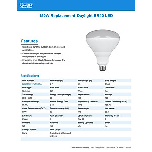 Feit Electric BR40 LED Light Bulb, 150W Equivalent, Dimmable, 2175 Lumens, E26 Medium Base, 5000K Daylight, 90 CRI, Flood Light Bulb for Recessed Cans, Damp Rated, 22-Year Lifetime, BR40DM/2175/950CA