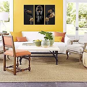 African Picture Wall Decor, Black Gold Wall Art Canvas Prints African Woman Paintings for Living Room Bedroom Bathroom Home Decor Framed (12''W x 24''H x3)