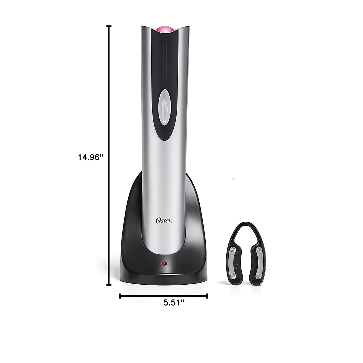 Oster Electric Wine Opener and Foil Cutter Kit with CorkScrew and Charging Base, Silver