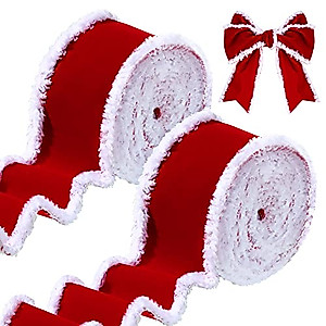 2 Rolls Christmas Velvet Decorative Ribbons Rolls Craft DIY Ribbon Fabric Cloth Ribbon Wire Edge Ribbons for Craft Christmas Holiday Decoration(2.5 Inch x 6 Yard,Red)