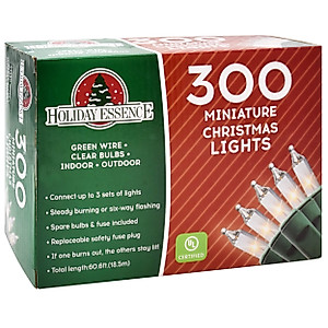 Holiday Essence 300 Mini Clear Lights, Christmas String Lights for Indoor and Outdoor Decorative Use, Green Wire, UL Listed