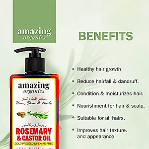 AmazingOrganics Rosemary and Castor Oil - 100% Pure Organic Non-GMO Cold-Pressed Castor Oil for Healthy Hair, Skin, Nails, Eyebrows, and Eyelashes 250 ml