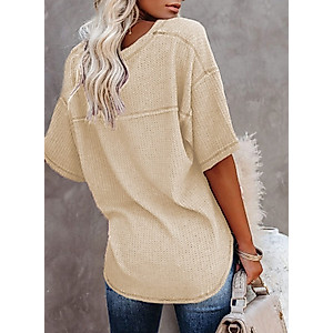 Dokotoo Womens Summer Casual Ladies V Neck Short Sleeve Shirts Waffle Knit Henley Tunic Tops Loose Fit Flowy Blouses Office Fashion 2025 Summer Apricot L