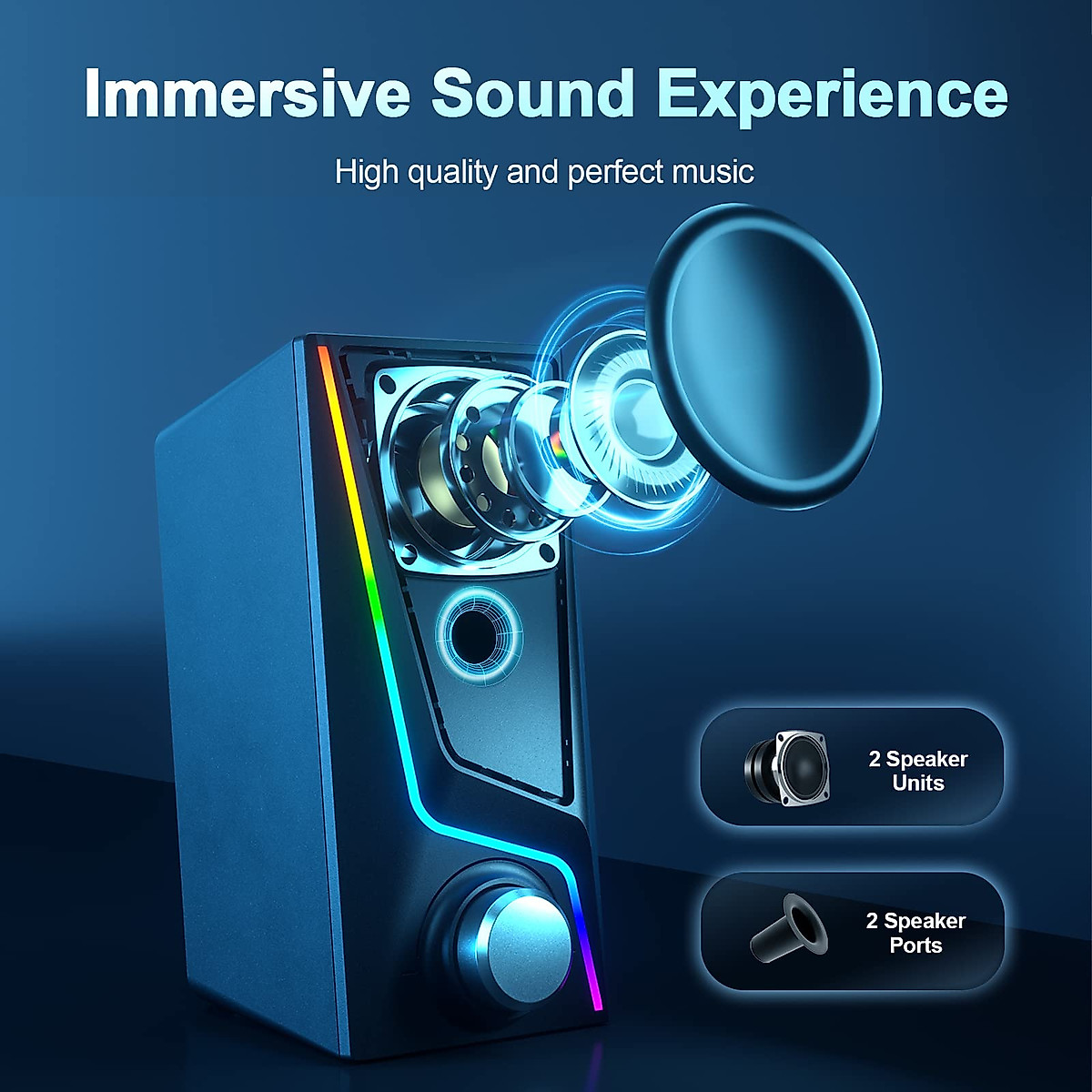 Computer Speakers, PC Speakers with 6 Colorful LED Modes, USB Powered Computer Speakers for Desktop with 2 Bass-Boost Ports, 2 Speaker Units and 3.5mm Aux-in Cable for PC, Laptop, Tablet, Phone