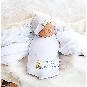 Personalized Winnie The Pooh Baby Blanket and Matching Hat, Winnie The Pooh Blanket, Custom Swaddle Blanket, Unisex, Choose Font and Text Color, Personlaized Baby Gift