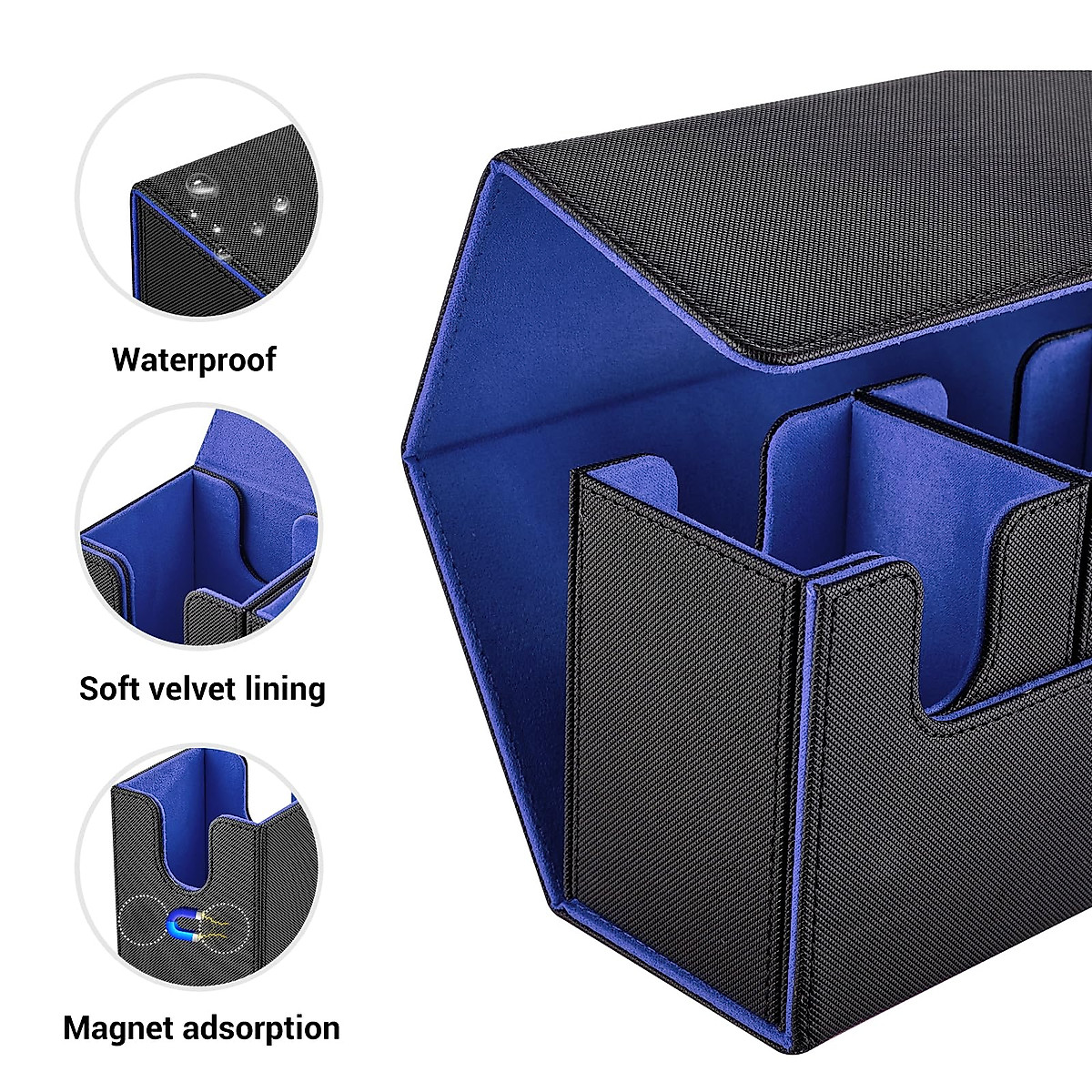 FOTEEMO Card Deck Box For MTG, 4 in 1 Commander Deck Box Deck Box With Dice Tray Trading Card Deck Storage Box Holding 300+ Sleeved Cards Yugioh Deck Box (Black and Blue)