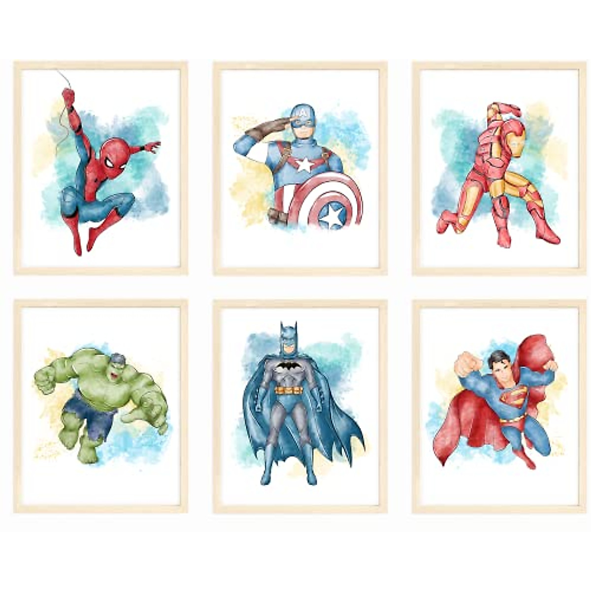 Nistio® Superhero Wall Decor, Superhero Wall Art for Boys Bedroom, Avengers Prints, Set of 6 Prints, Iron Man, Spiderman, Captain America, Hulk, Batman, Superman, Unframed, 8x10 inches
