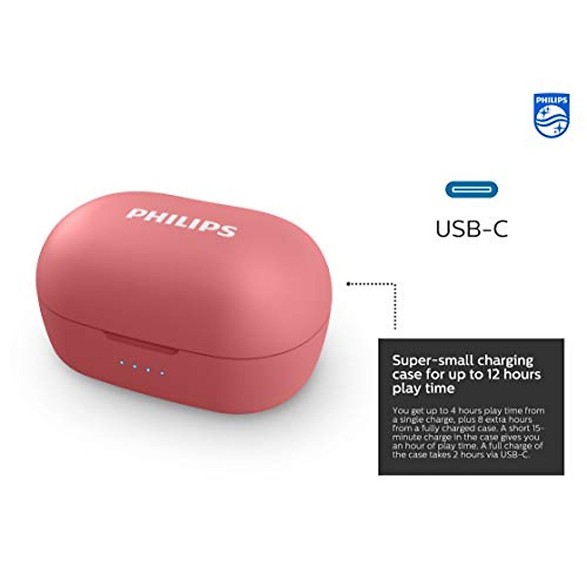 Philips T2205 In-ear True Wireless Headphones with IPX4 Splash Resistant, Super-small Portable Charging Case, Built-in Microphone, Up to 12 Hours (4+8) Playtime, Works with Voice Assistants, TAT2205RD