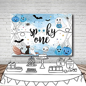 MEHOFOND 7x5ft Halloween Spooky One Backdrop Blue Watercolor Little Boo Baby Shower Photography Background for Boys Bat Spider Web Blue Pumpkin Skull Ghost Photo Shoot Props