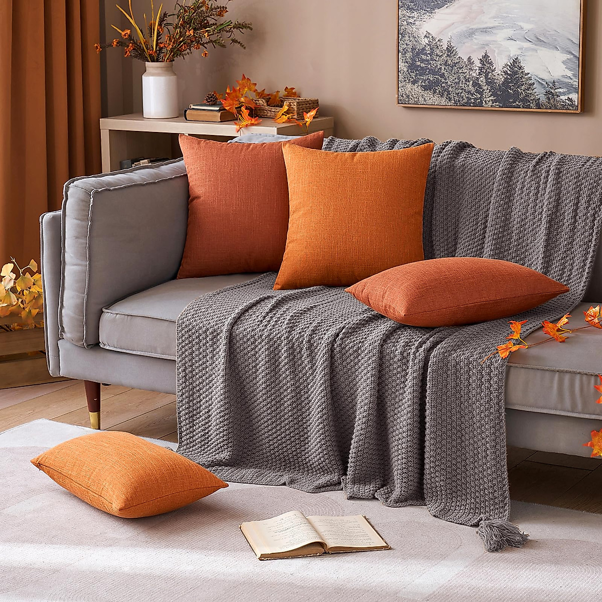 MIULEE Pack of 2 Decorative Throw Pillow Covers Fall Halloween Linen Burlap Square Solid Farmhouse Modern Concise Throw Cushion Case Pillowcase for Sofa Car Couch 18x18 Inch Burnt Orange